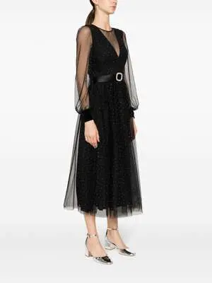 NISSA Crystal Embellished Belted Tulle Dress