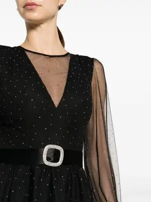 NISSA Crystal Embellished Belted Tulle Dress