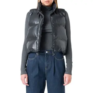 GREY LAB Faux Leather Crop Puffer Vest - Black