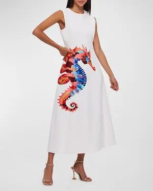 Cleo Seahorse Midi Dress - Twilight Print In White