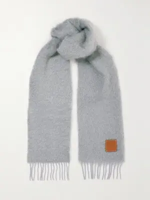 Loewe Leather-trimmed Fringed Mohair-blend Scarf - Gray