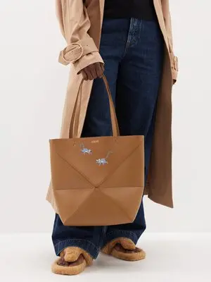Loewe Puzzle Fold Lemur-embroidered Leather Tote Bag Tan