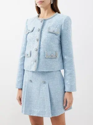 SELF-PORTRAIT Self-portrait - Sequinned Bouclé-tweed Jacket - Womens - Light Blue - 10 UK - Blue