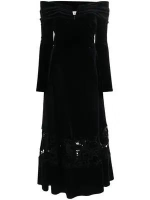 NISSA Lace-detailing Velvet-finish Midi Dress