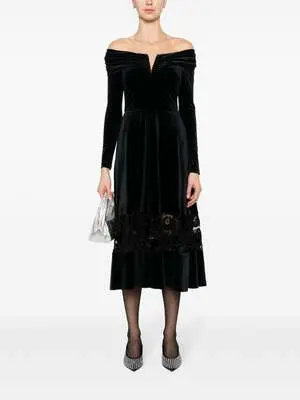 NISSA Lace-detailing Velvet-finish Midi Dress