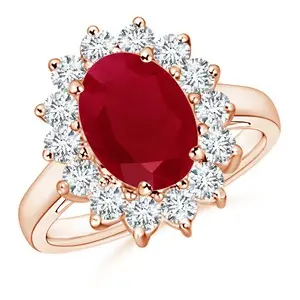 Angara Princess Diana Inspired Ruby Ring With Diamond Halo 10x8mm Rose Gold/medium Pinkish Red