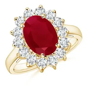 Angara Princess Diana Inspired Ruby Ring With Diamond Halo 10x8mm Yellow Gold/medium Pinkish Red
