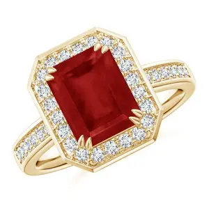 Angara Emerald-cut Ruby Engagement Ring With Diamond Halo 9x7mm Yellow Gold/medium Pinkish Red