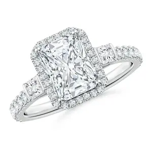 Angara Lab-grown Radiant-cut Diamond Side Stone Halo Engagement Ring 8x6mm