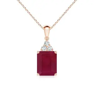 Angara Emerald-cut Ruby Pendant With Diamond Trio 10x8mm Rose Gold/dark Red