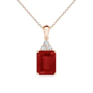 Angara Emerald-cut Ruby Pendant With Diamond Trio 10x8mm Rose Gold/medium Pinkish Red