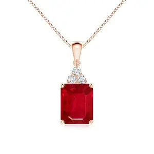 Angara Emerald-cut Ruby Pendant With Diamond Trio 10x8mm Rose Gold/medium Red