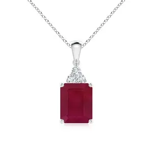 Angara Emerald-cut Ruby Pendant With Diamond Trio 10x8mm - Silver/dark Red