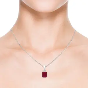 Angara Emerald-cut Ruby Pendant With Diamond Trio 10x8mm - Silver/dark Red