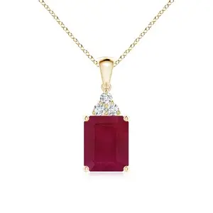 Angara Emerald-cut Ruby Pendant With Diamond Trio 10x8mm Yellow Gold/dark Red