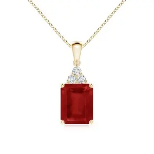 Angara Emerald-cut Ruby Pendant With Diamond Trio 10x8mm Yellow Gold/medium Pinkish Red