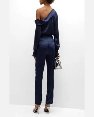 Simkhai Alice Draped Satin One-shoulder Top - Black