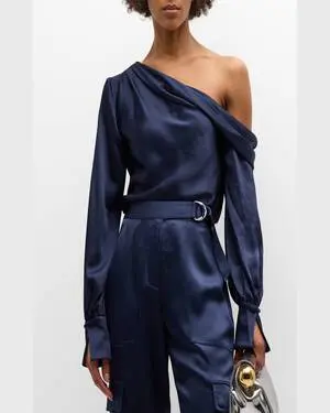 Simkhai Alice Draped Satin One-shoulder Top - Black