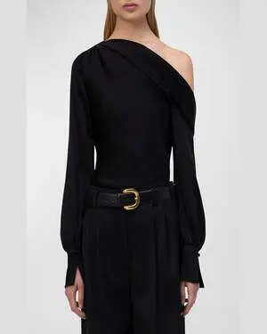 Simkhai Alice Draped Satin One-shoulder Top - Black