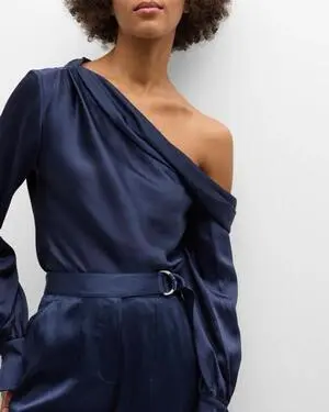 Simkhai SIMKHAI Alice Draped Satin One-Shoulder Top Midnight