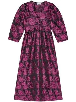 GANNI Botanical-jacquard Puff-sleeves Midi Dress
