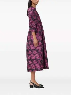GANNI Botanical-jacquard Puff-sleeves Midi Dress