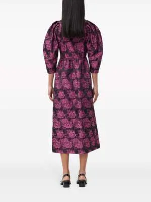 GANNI Botanical-jacquard Puff-sleeves Midi Dress