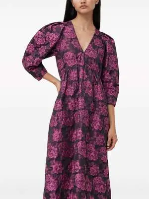 GANNI Botanical-jacquard Puff-sleeves Midi Dress