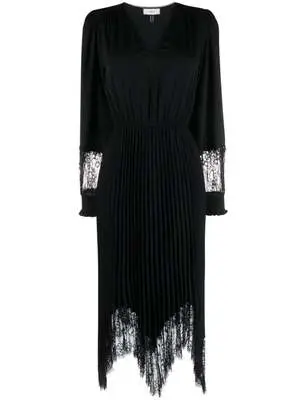 NISSA Lace-trimmed Pleated V-neck Midi Dress - Black