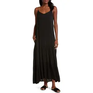 Elan Tiered Gauze Cover-up Maxi Dress - Black