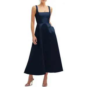 Dessy Collection Square Neck Sateen Midi Gown - Midnight