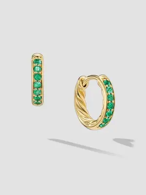 David Yurman Petite Pavé Huggie Hoop Earrings In 18k Yellow Gold - Emerald
