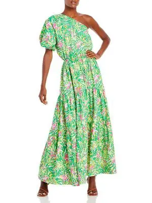 SWF Womens One Shoulder Puff Sleeve Maxi Dress - Green