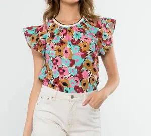 Thml Floral Flutter Sleeve Top In Color - Multi