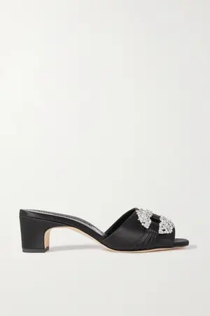 Manolo Blahnik Prinap 50 Crystal-embellished Ruched Satin Mules