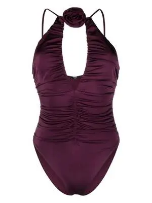 NOIRE SWIMWEAR Floral-appliqué Ruched Swimsuit - Purple