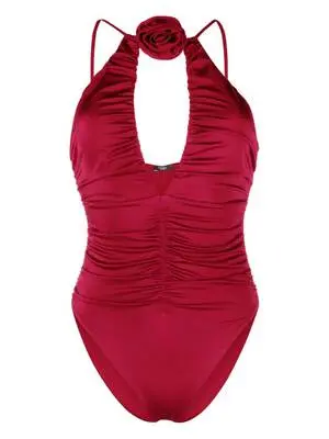 NOIRE SWIMWEAR Floral-appliqué Ruched Swimsuit - Red
