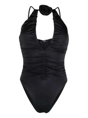 NOIRE SWIMWEAR Floral-appliqué Ruched Swimsuit - Black