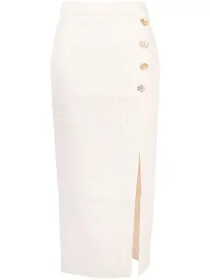 SELF-PORTRAIT Bouclé Side-slit Midi Skirt Neutrals