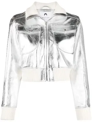 MARINE SERRE Moonogram-pattern Laminated Leather Jacket - Silver