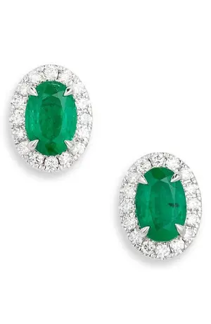 VALANI ATELIER Emerald & Diamond Halo Stud Earrings - 14k White Gold