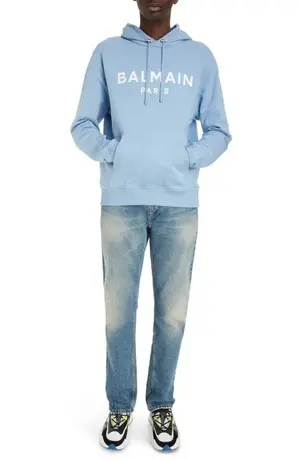 Balmain Organic Cotton Logo Graphic Hoodie - Slj Pale Blue/white