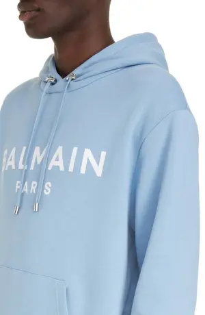 Balmain Organic Cotton Logo Graphic Hoodie - Slj Pale Blue/white