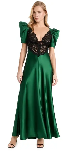Rodarte Silk Satin Short Sleeve Dress With Black Lace Detail In Green - 30%  Off | Editorialist