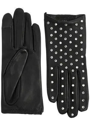 AGNELLE Kate Crystal-embellished Leather Gloves - Black