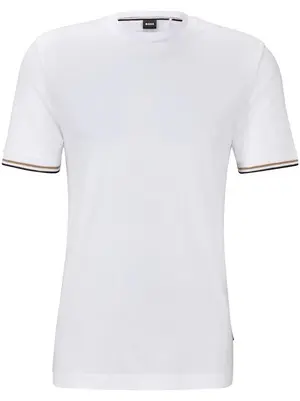BOSS Cotton-jersey T-shirt With Signature-stripe Cuffs - White