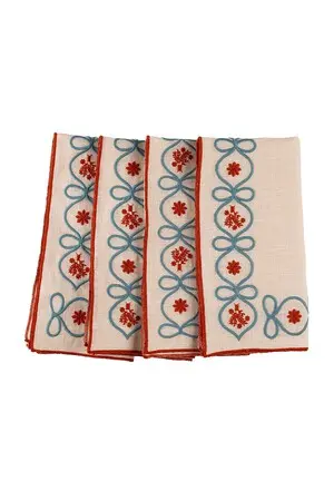 MISETTE Embroidered Linen Napkins Set Of 4 - Floral Red & Green