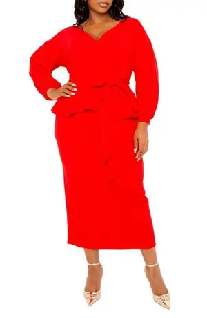 BUXOM COUTURE Convertible Shoulder Belted Peplum Midi Dress - Red