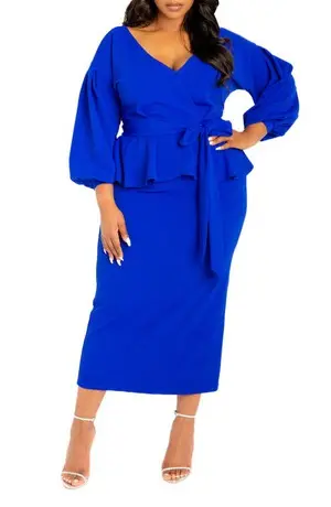 BUXOM COUTURE Convertible Shoulder Belted Peplum Midi Dress - Royal Blue