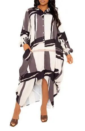 BUXOM COUTURE Drape Maxi Shirt Dress - Beige Multi